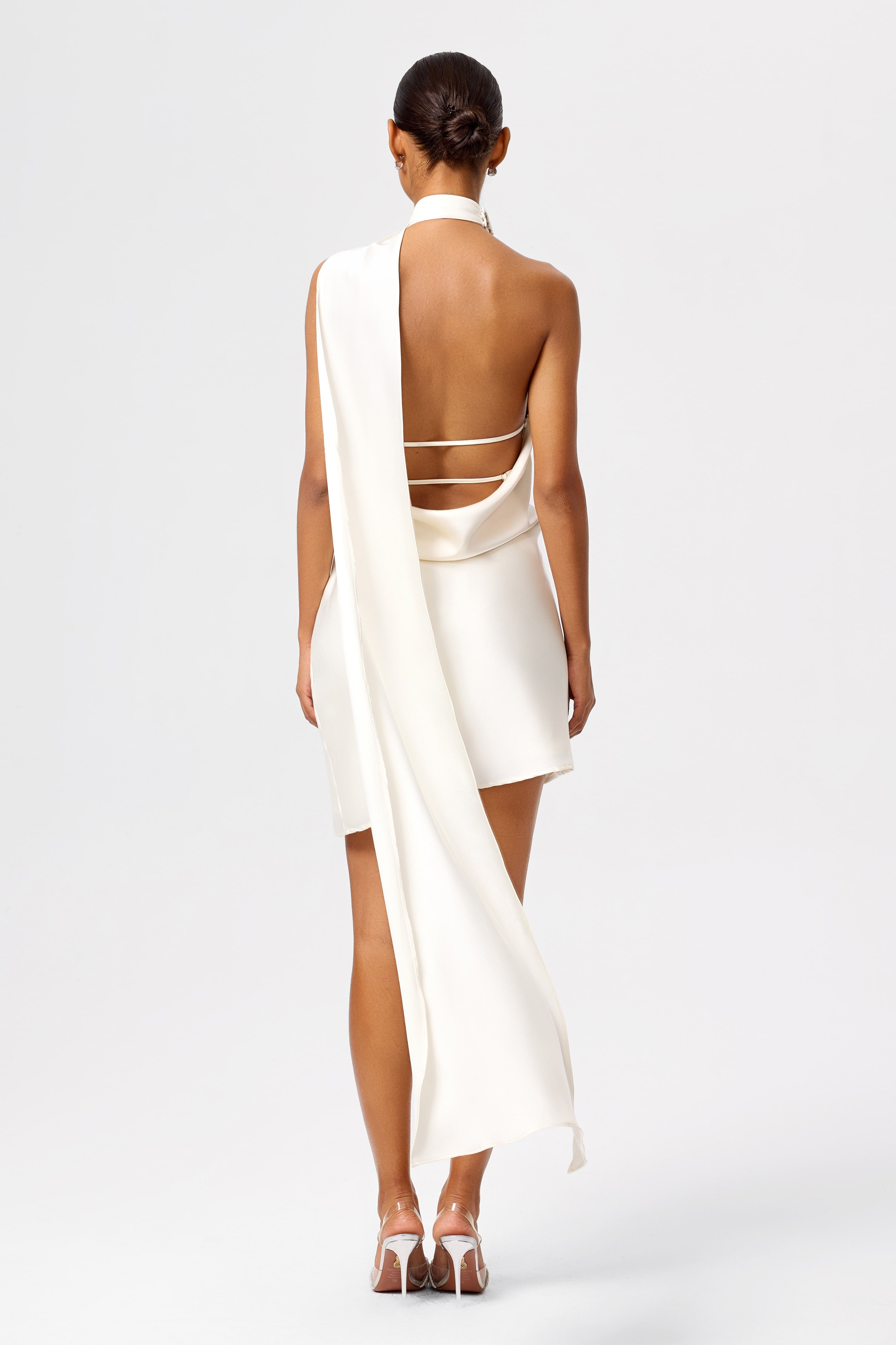 Asymmetric Halter Satin Mini Dress with Detachable Scarf in Silky Whit ...