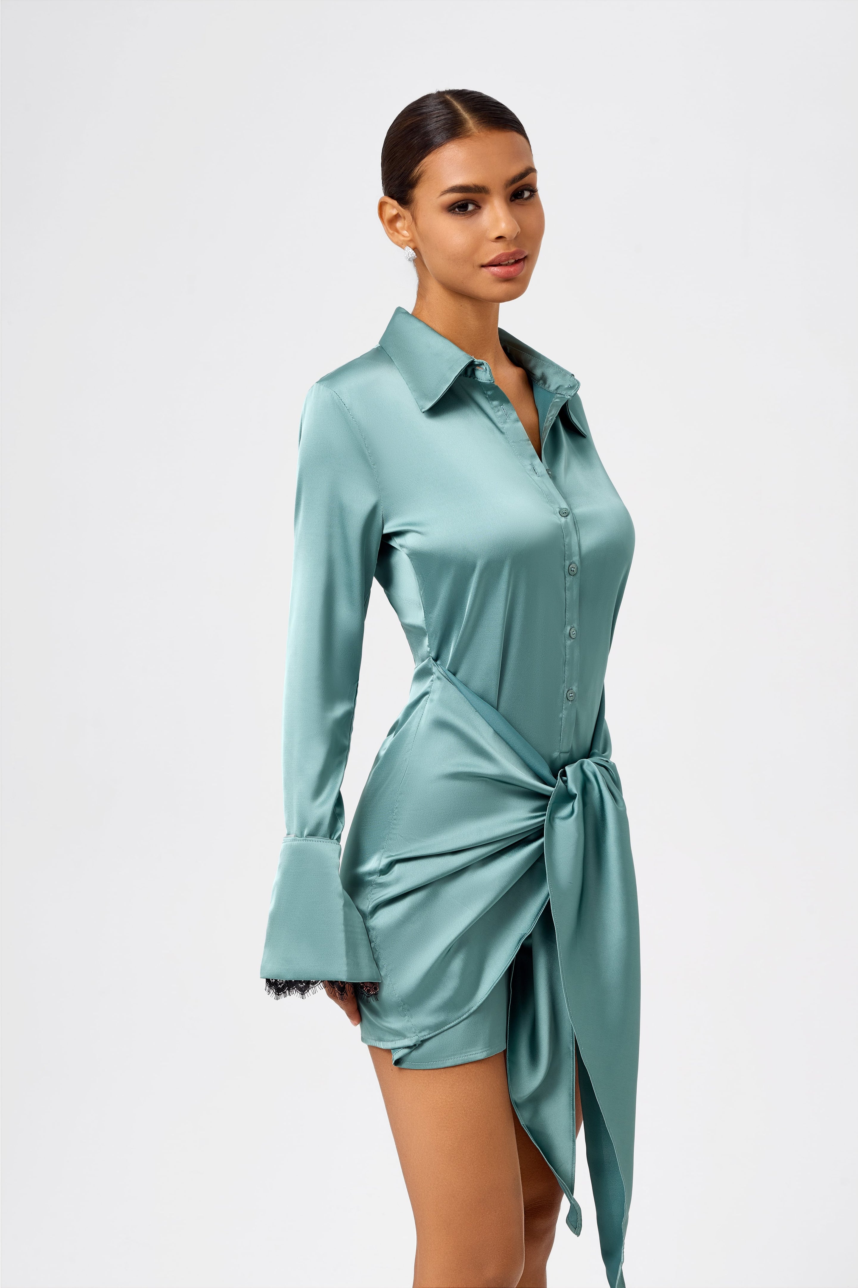 Button-Front Lace-Up Waist Satin Shirt Dress in Aquamarine – HOLO LOKA
