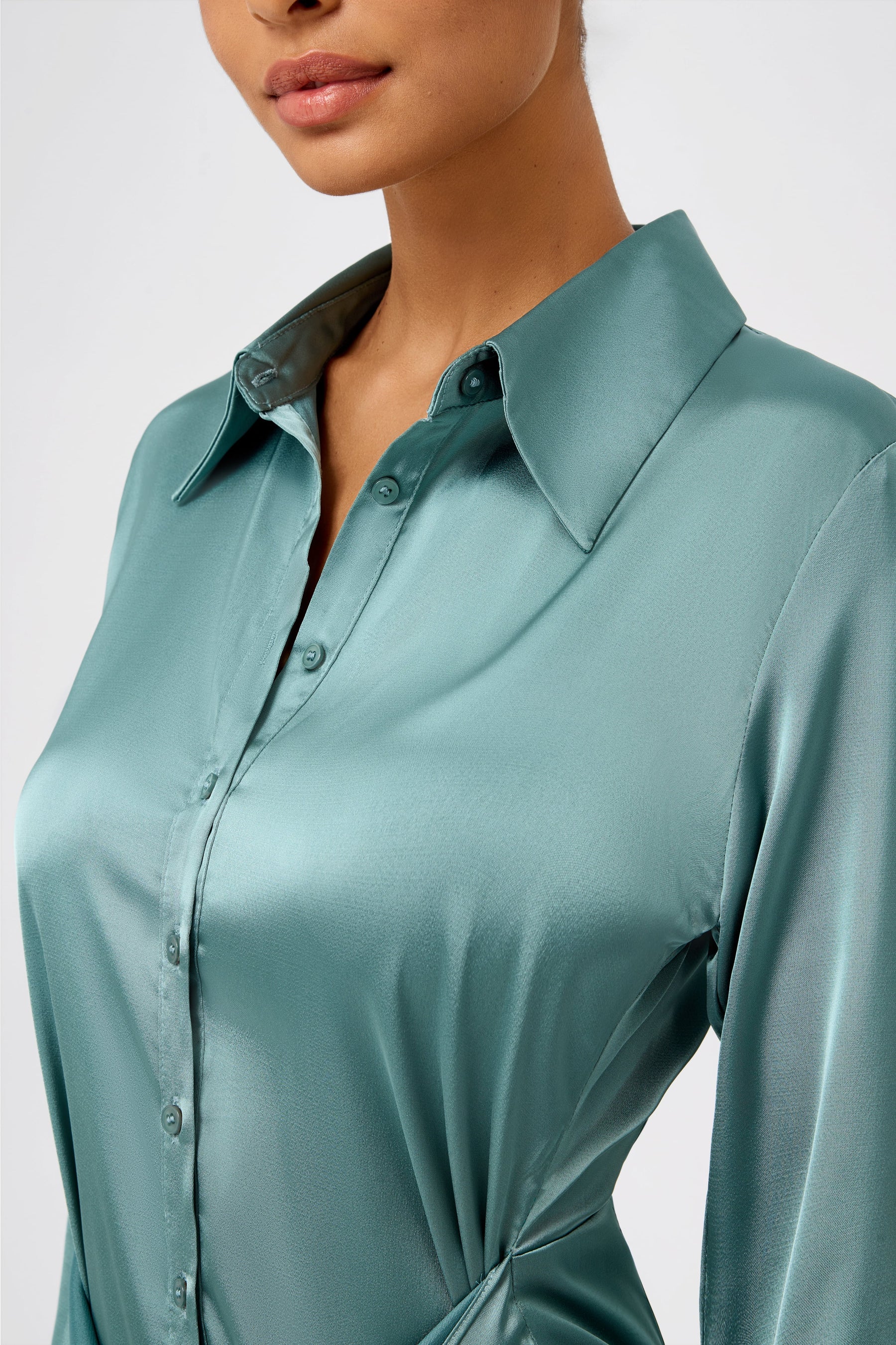 Button-Front Lace-Up Waist Satin Shirt Dress in Aquamarine – HOLO LOKA