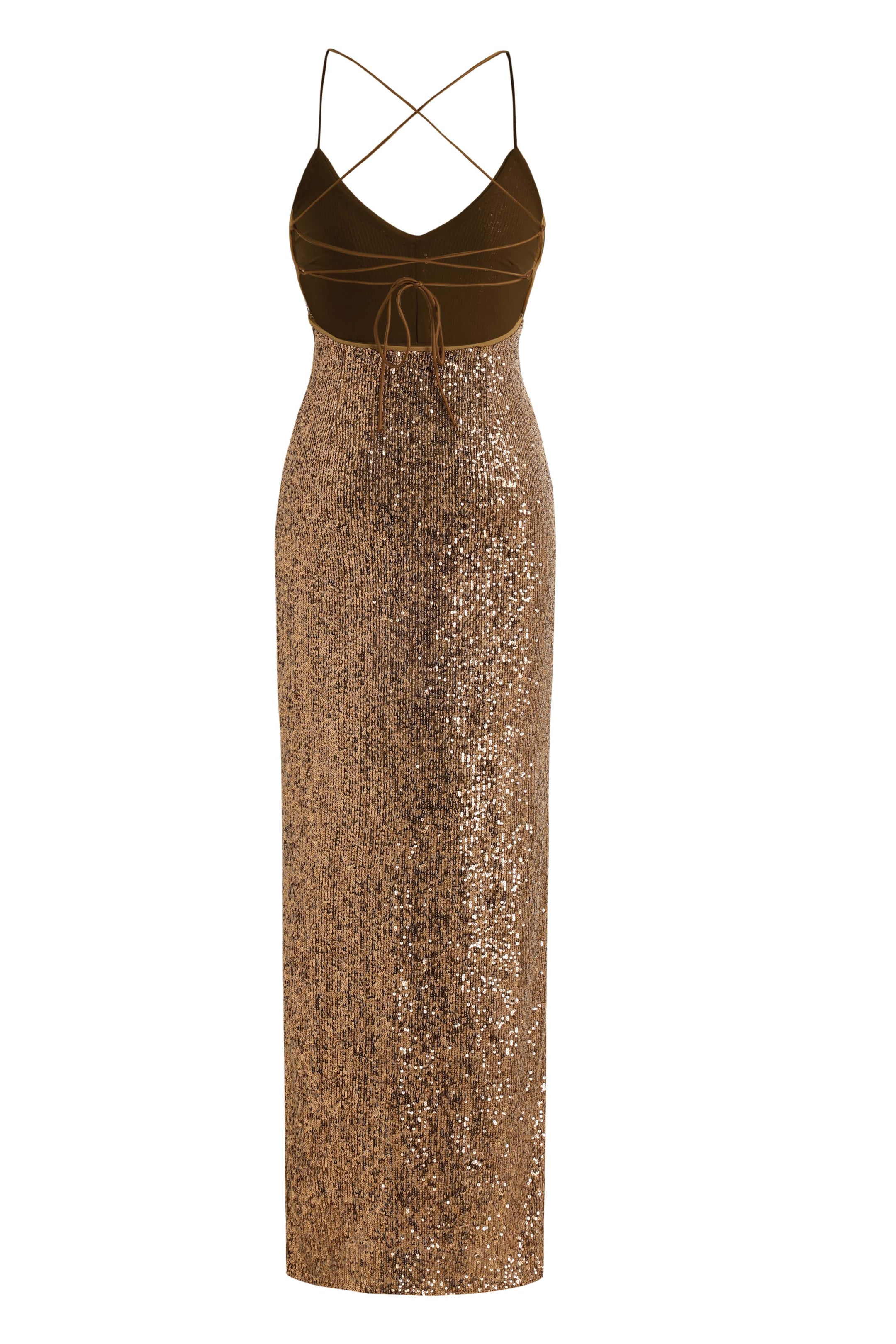 Sequined Halter Deep V Lace-Up Slit Gown in Champagne – HOLO LOKA